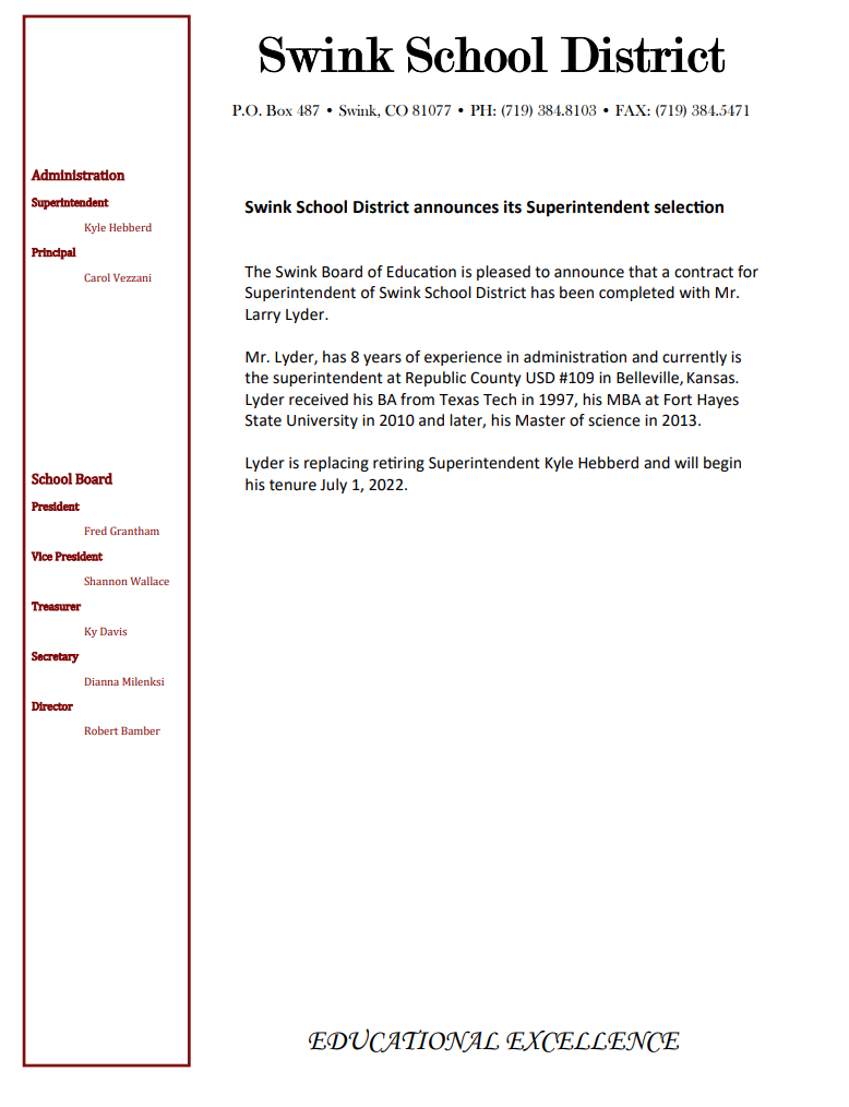 SECO NEWS - Swink Board of Education Selects New Superintendent