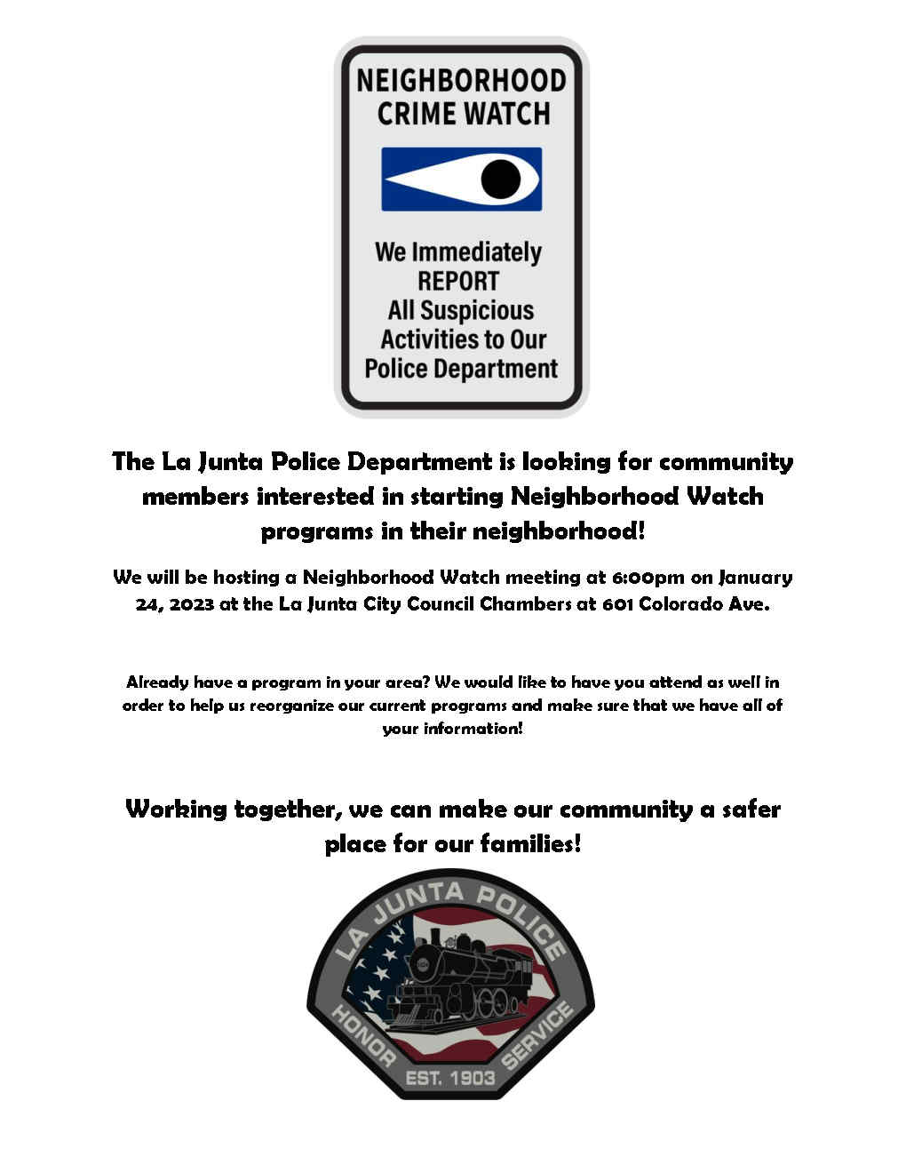 SECO NEWS - La Junta Police Dept. Neighborhood Watch Meeting Jan 24, 2023