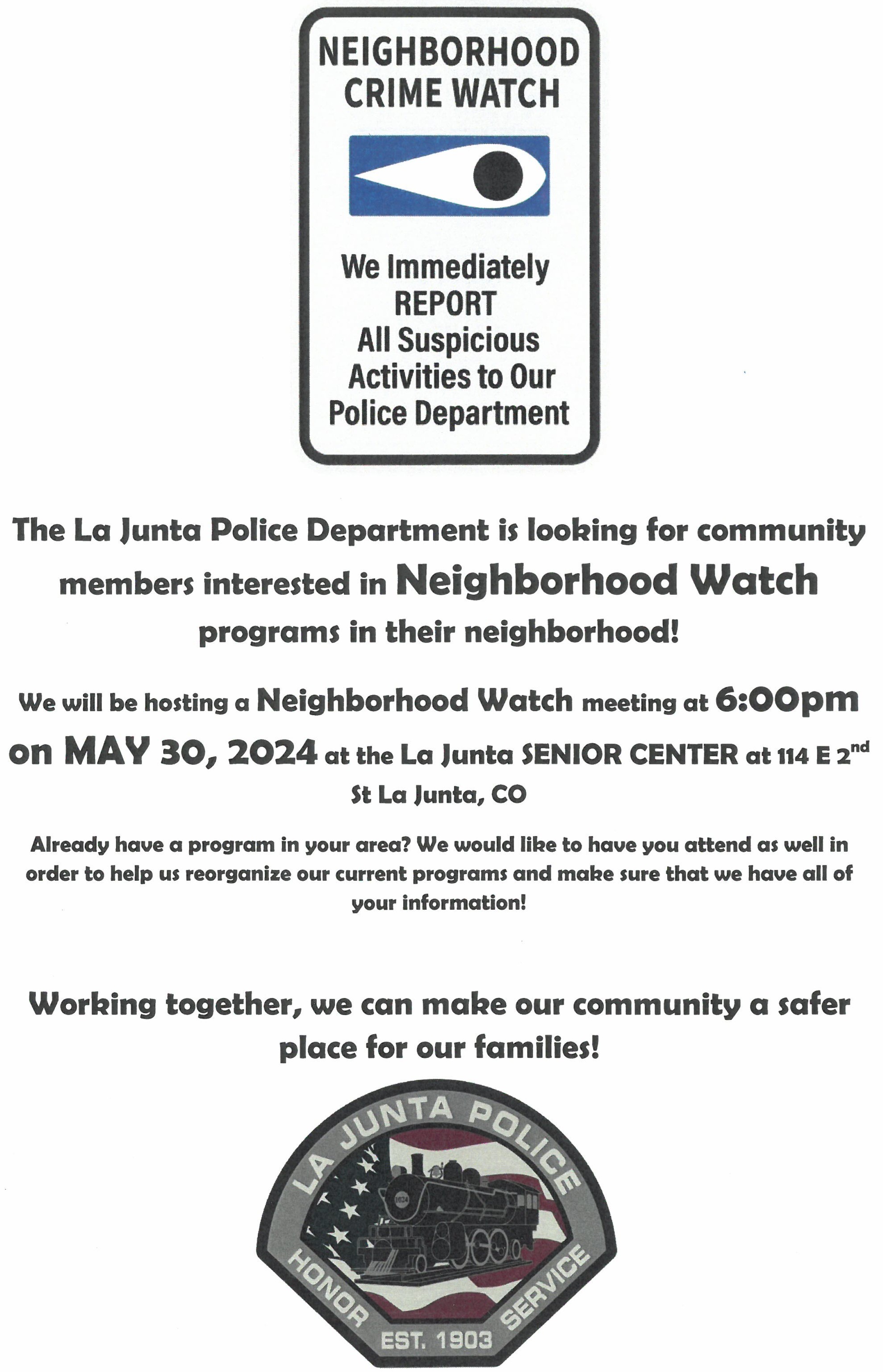 SECO NEWS - La Junta Police Neighborhood Watch Meeting May 30th